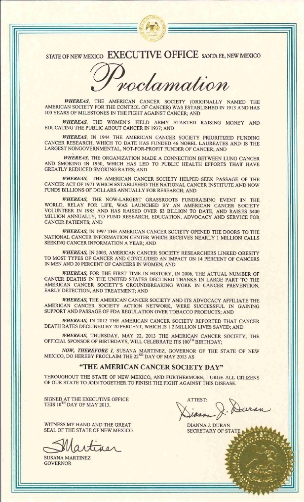 ACS 100th Birthday Proclamation in NM | American Cancer Society Cancer Action Network